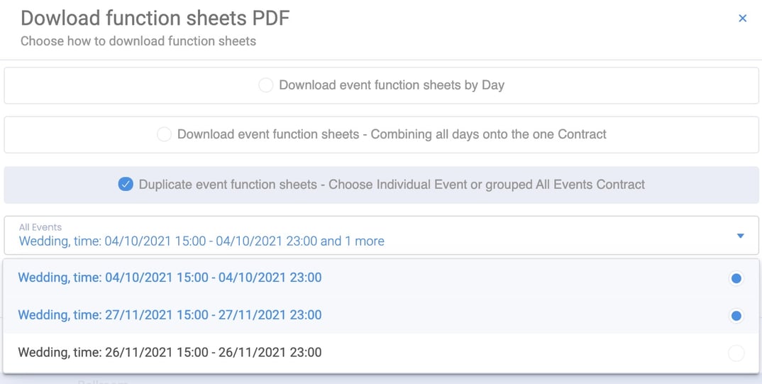 Function Sheets for an Event